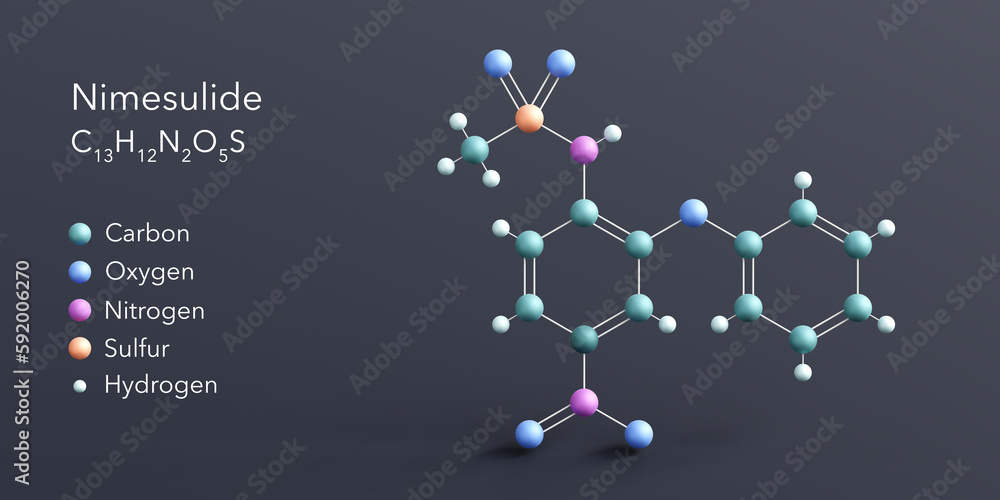 nimesulide molecule 3d rendering, flat molecular structure with ...