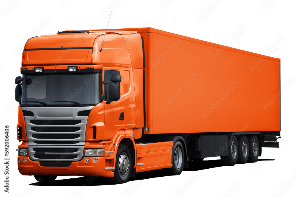 A modern European truck with a cab and semi-trailer in full orange ...