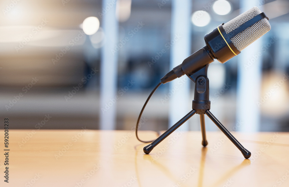 Foto de Broadcast, podcast and radio with microphone in office for live ...