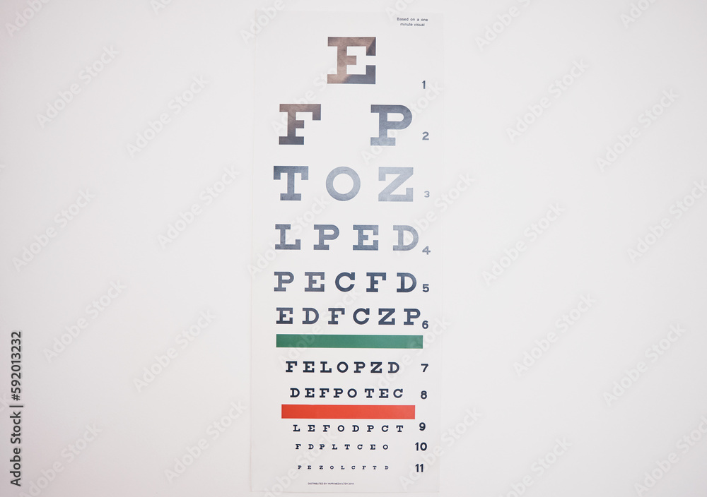 Eye care, chart and background of letters of optometry test, medical ...