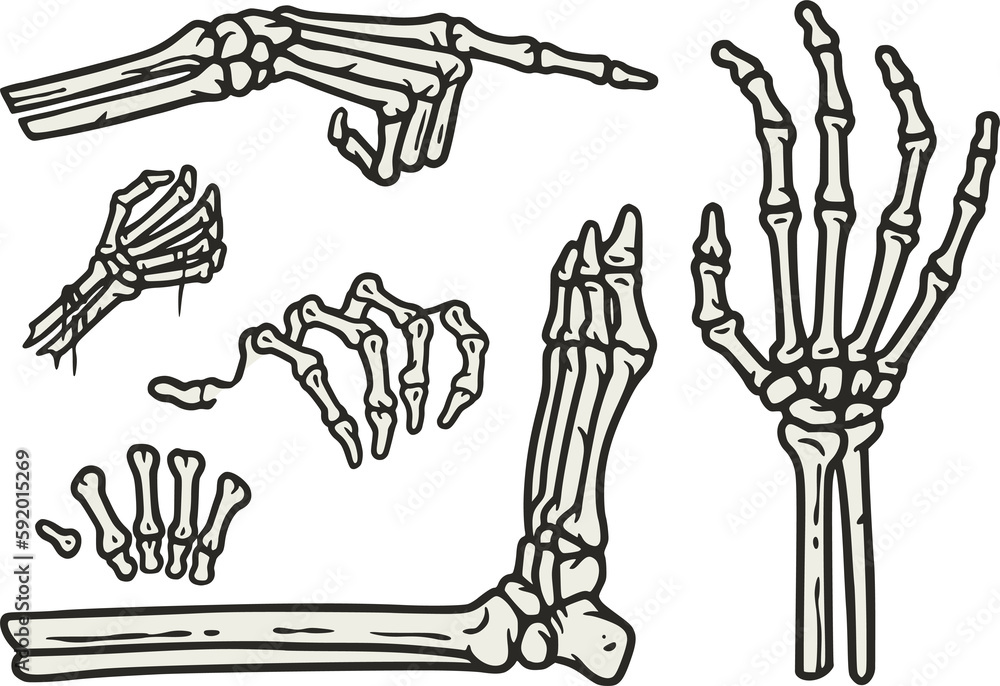 Skeleton hand gesture set with bone and leg for halloween design. Hand ...