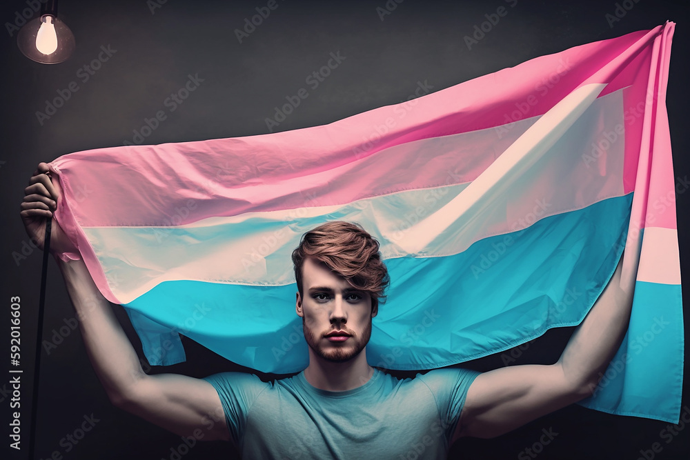 Transgender man holding waving transgender flag, concept picture about ...