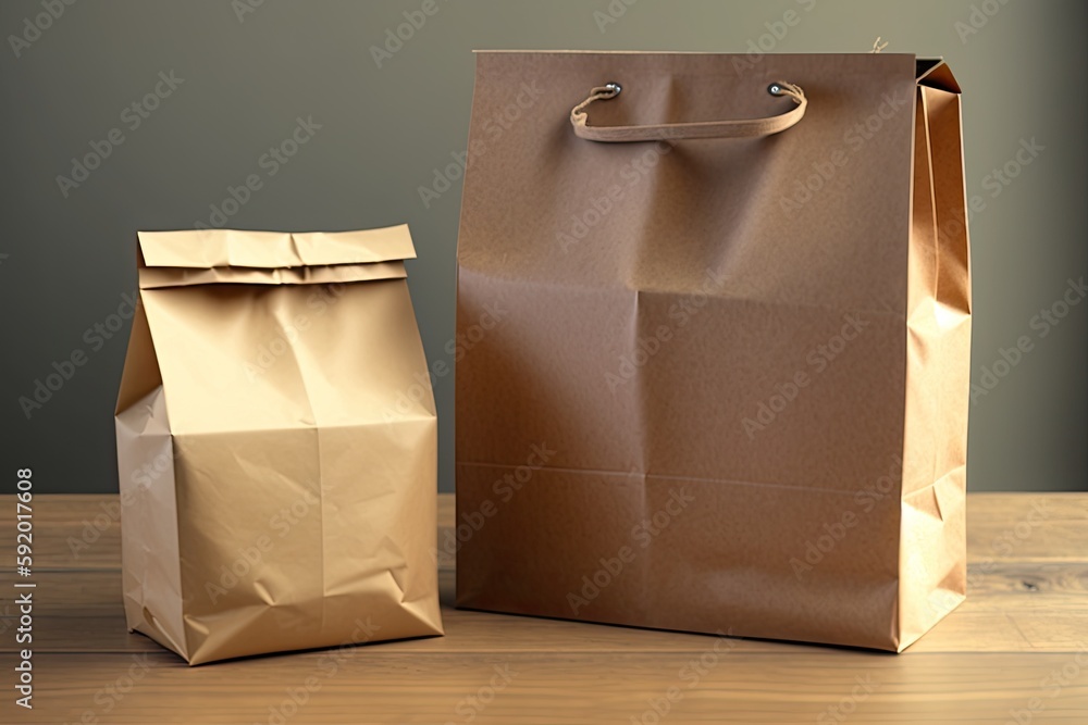 two identical brown paper bags placed side by side on a white ...