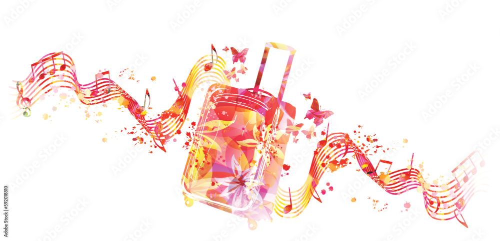 Carry-on luggage with musical notes isolated on white background for a ...
