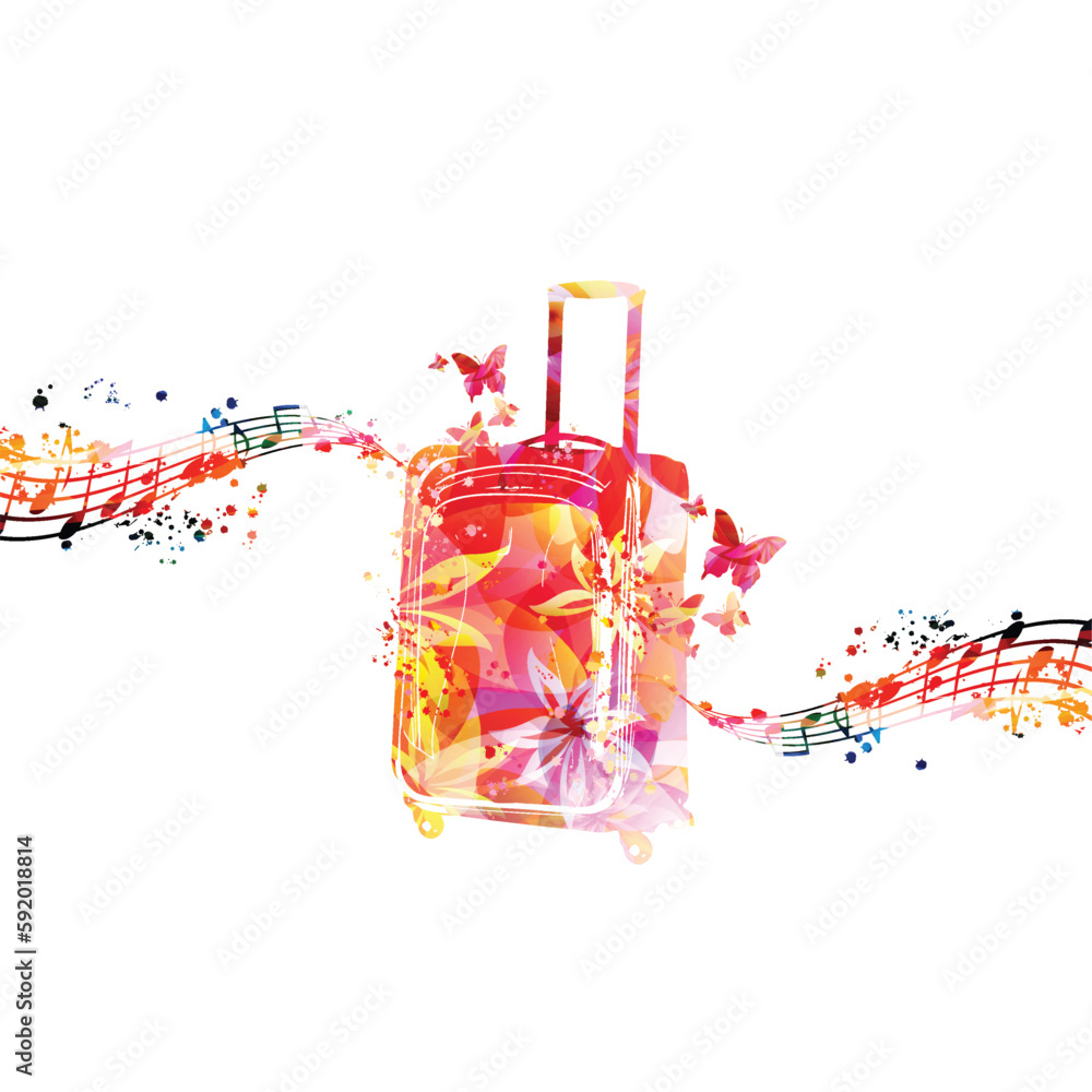 Carry-on luggage with musical notes isolated on white background for a ...