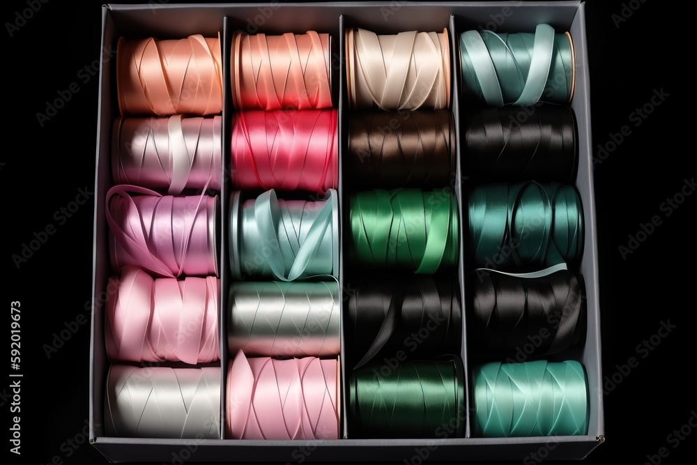 a box filled with lots of different colors of ribbon and spools of ...
