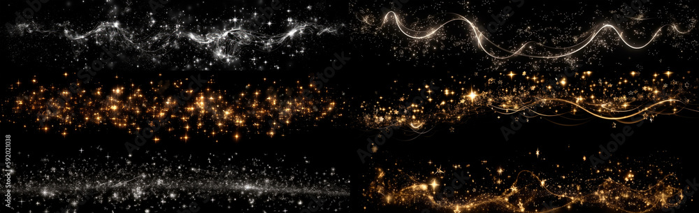 Big set of magic overlays on a black background. Gray and gold glitter ...