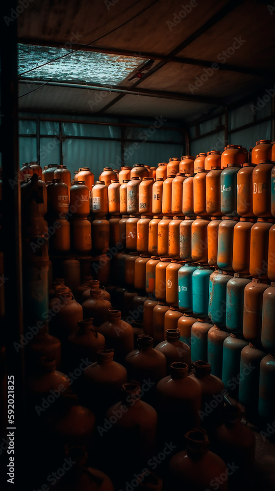 Butane gas tanks inside a storage warehouse, gas production, generated ...