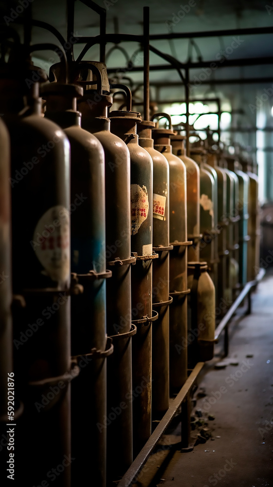 Butane gas tanks inside a storage warehouse, gas production, generated ...