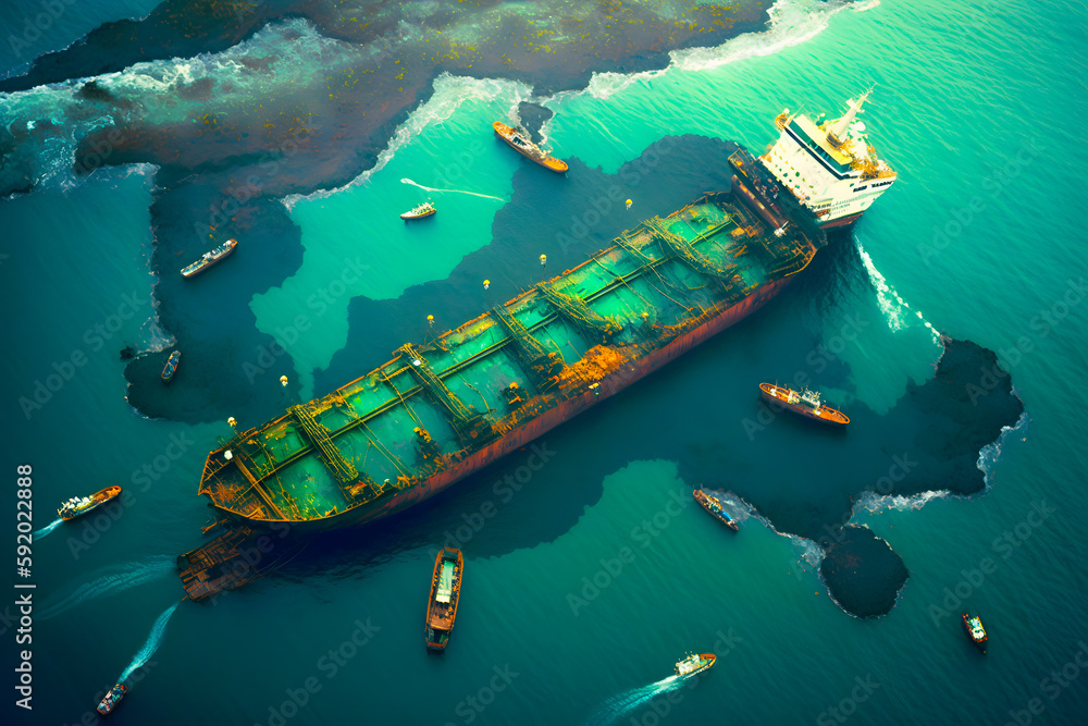 Disaster of oil carrying tanker, fuel oil, oil products. A hole in the ...