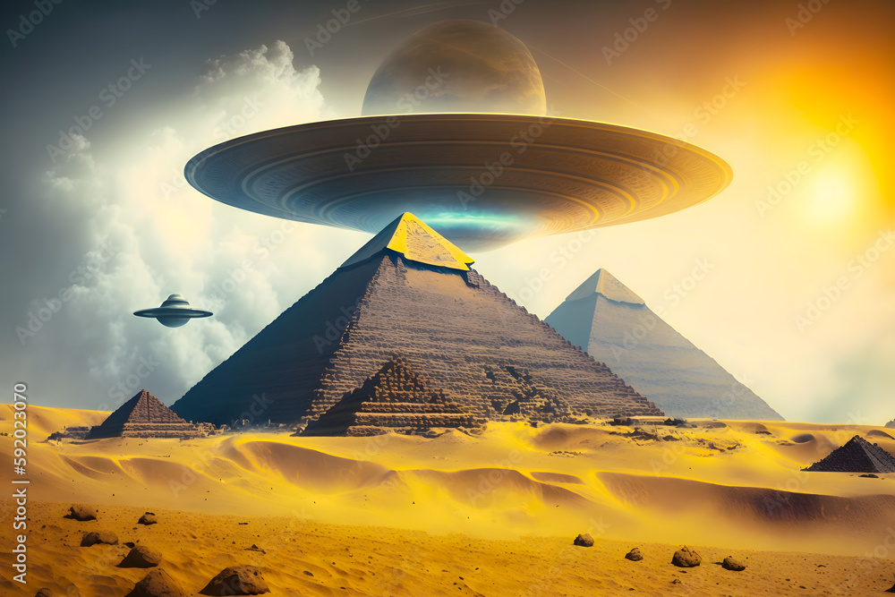 Flying saucers of aliens of alien civilizations in the sky above the ...