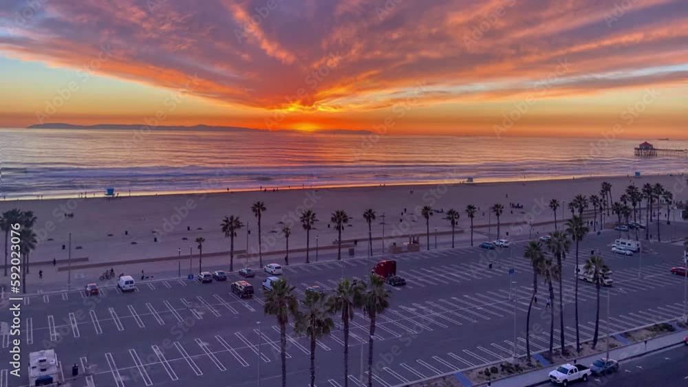 Parking Lot At A Sunset Beach Along The Ocean Water With Soft Waves 4K ...