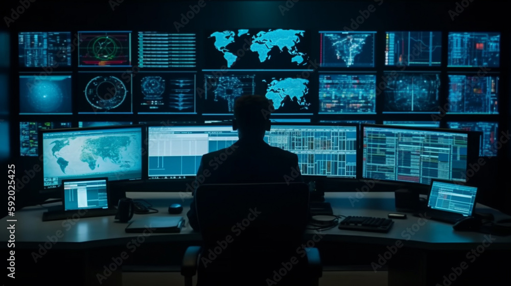 Vigilant Cybersecurity Specialist: Man Scanning Multiple Screens to ...