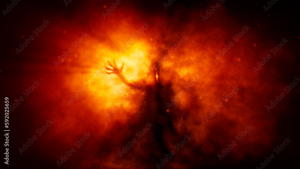 Scary demonic ghost in darkness 2D illustration. Burning monster in ...