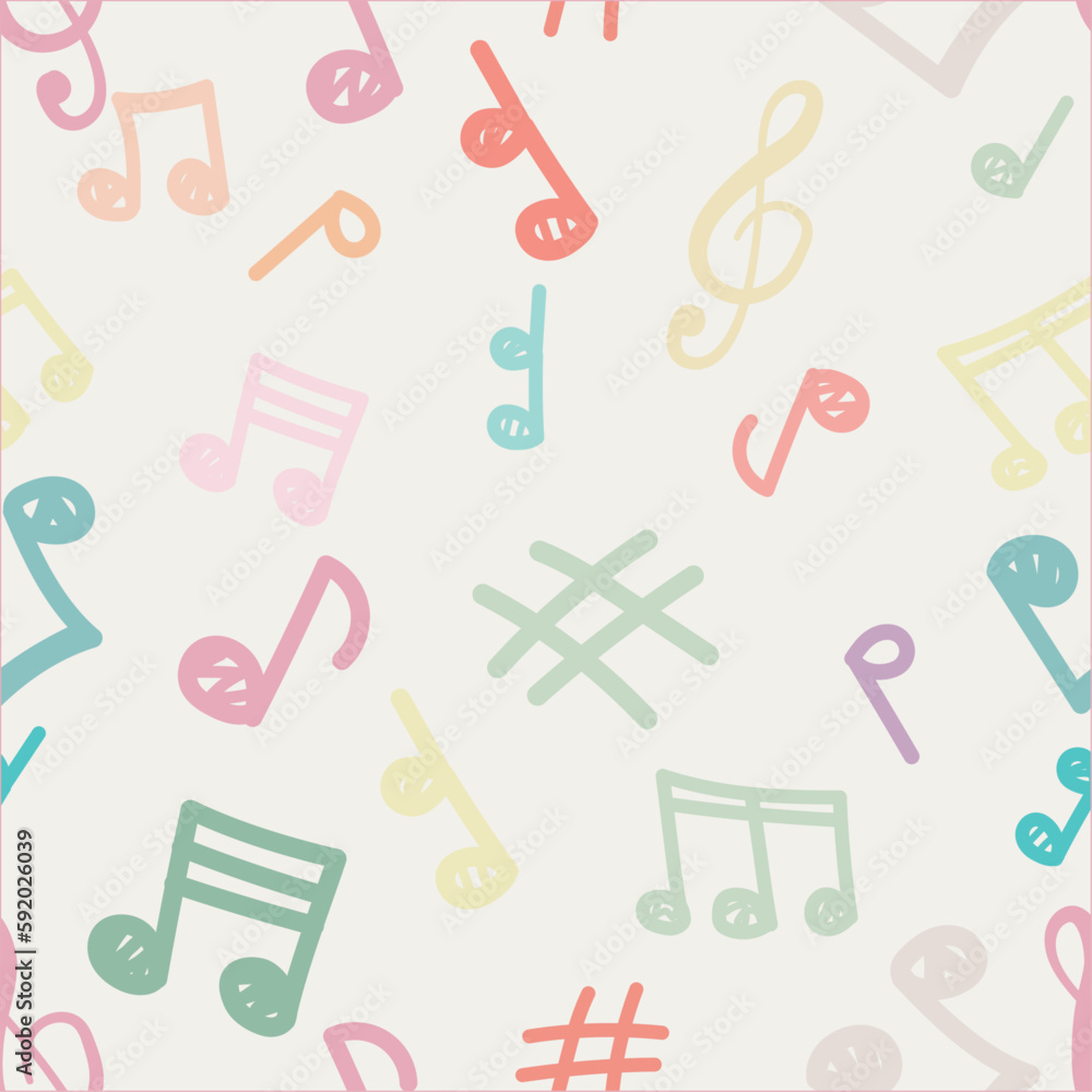 Hand drawn vector music notes seamless pattern with background ...