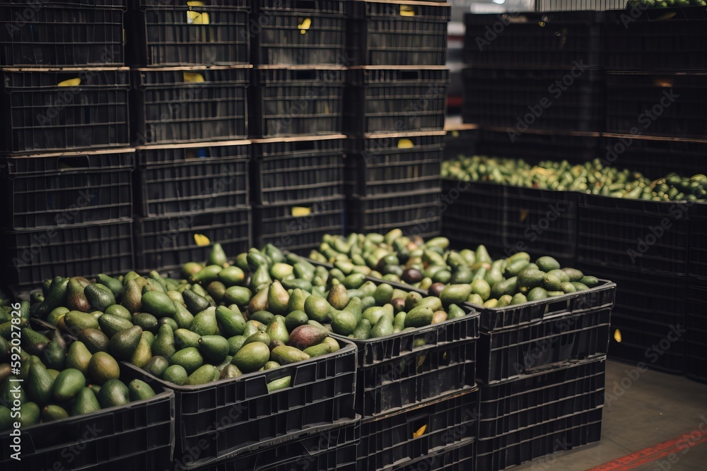 a bunch of crates filled with lots of green fruit in a warehouse area ...