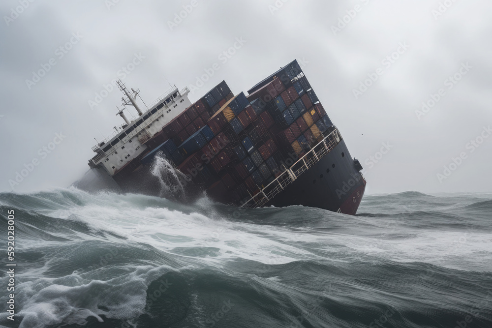 Cargo ship with containers on board in stormy sea. Strong waves damaged ...