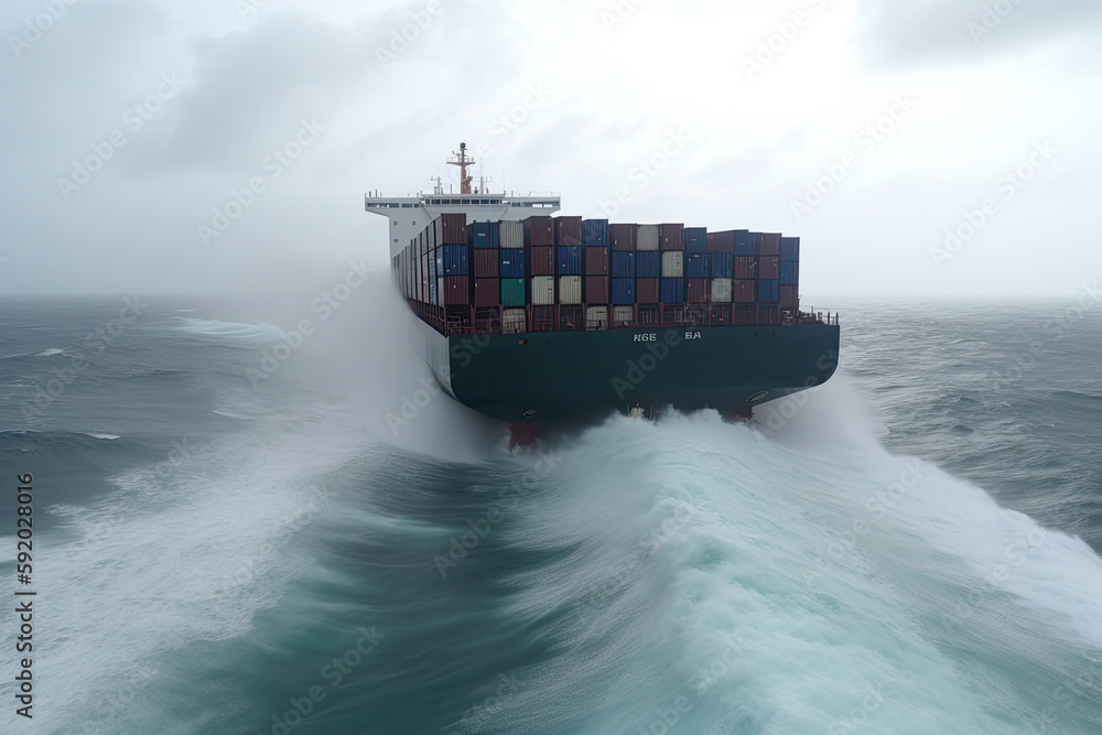 Cargo ship with containers on board in stormy sea. Strong waves damaged ...