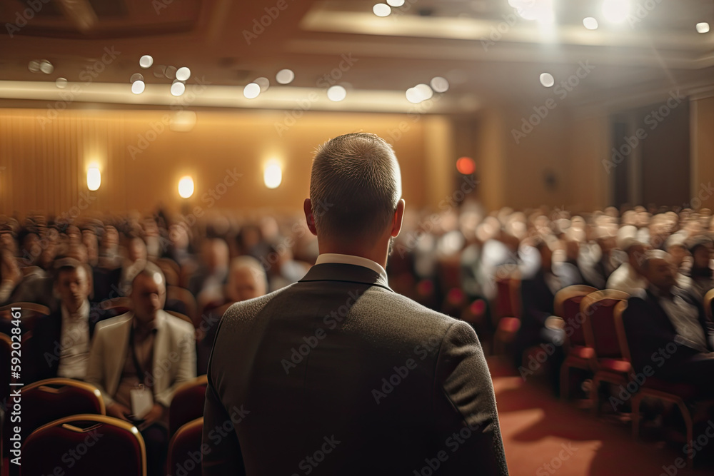 Back view of public speaker giving talk in conference hall at business ...