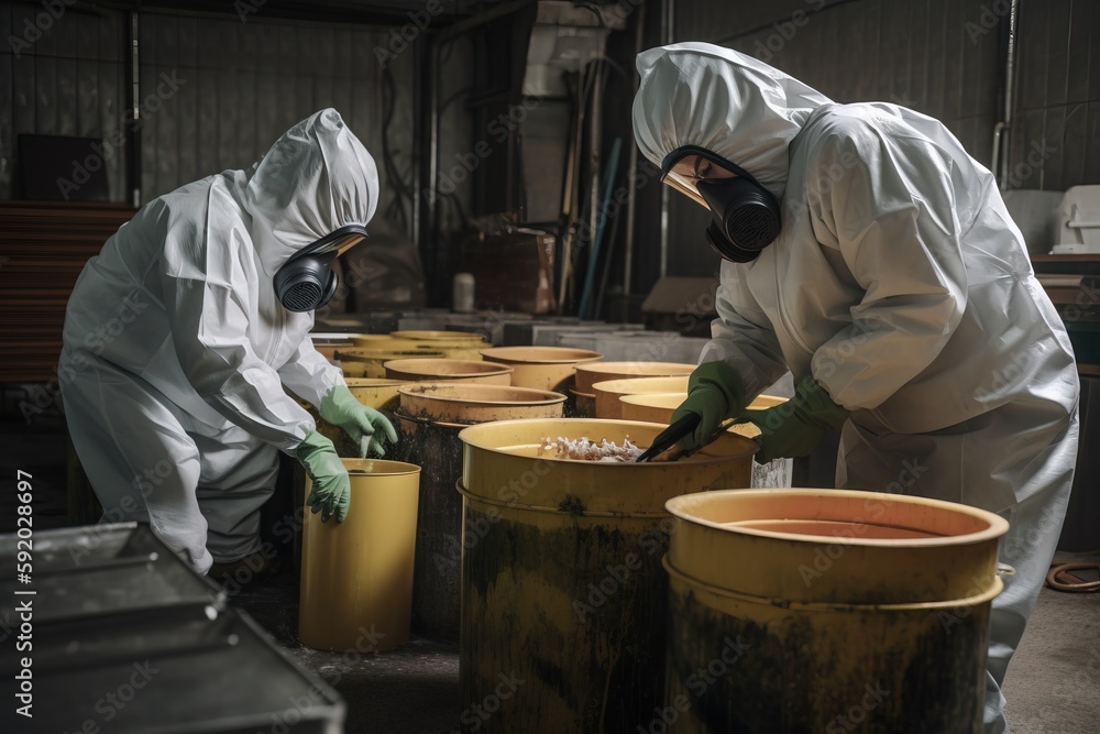 two people in white suits and masks are working in a factory with ...
