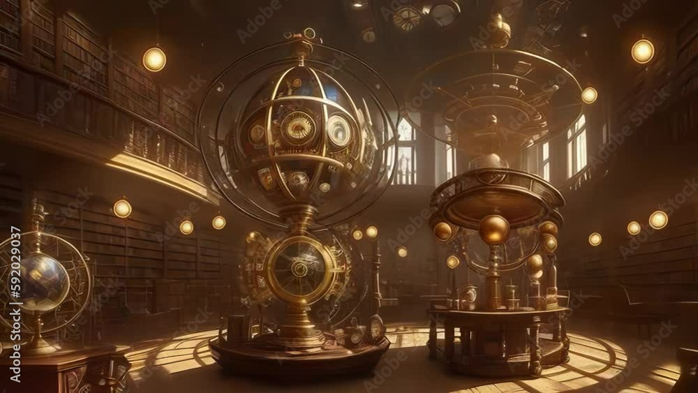 Complex Steampunk Orrery Machine in an Antique Library. Looping ...