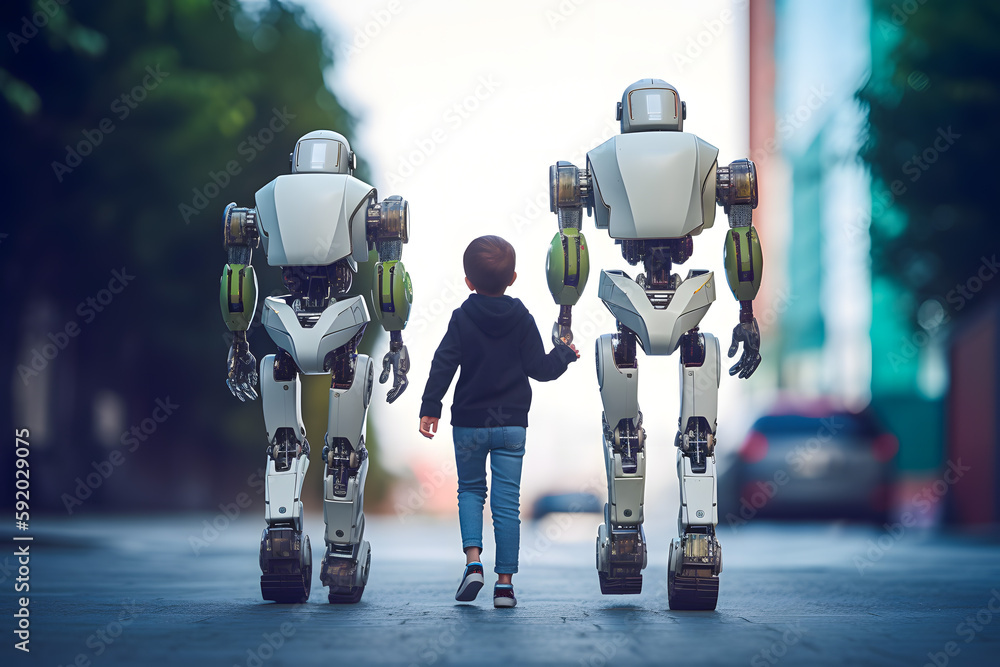 Humanoid robot on a walk with children, family friend nanny babysitter ...