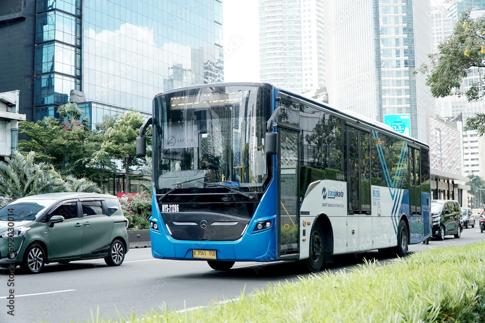 Transjakarta Bus on a business and commercial area Sudirman Street ...