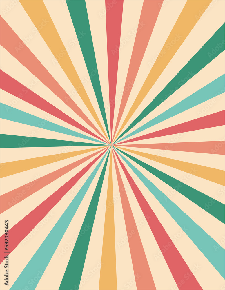 Groovy 70s background with twisted sunburst. Set of vintage sun retro ...