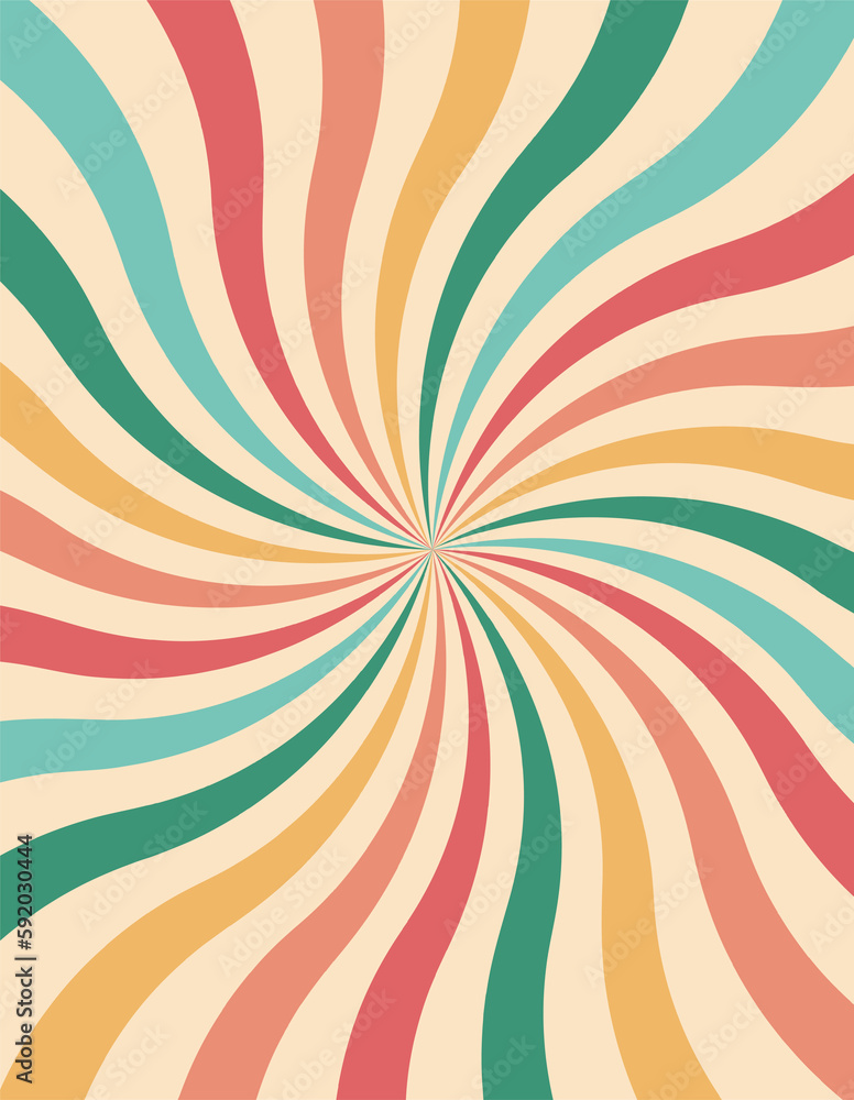 Groovy 70s background with twisted sunburst. Set of vintage sun retro ...