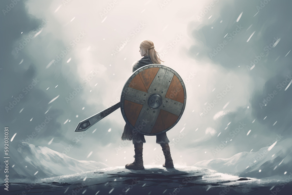 Viking Shieldmaiden in Battle Garb with Worn Shield mage Generative AI ...