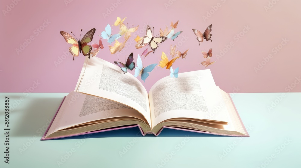 An open book with fluttering pages, leaving ample space above for text ...