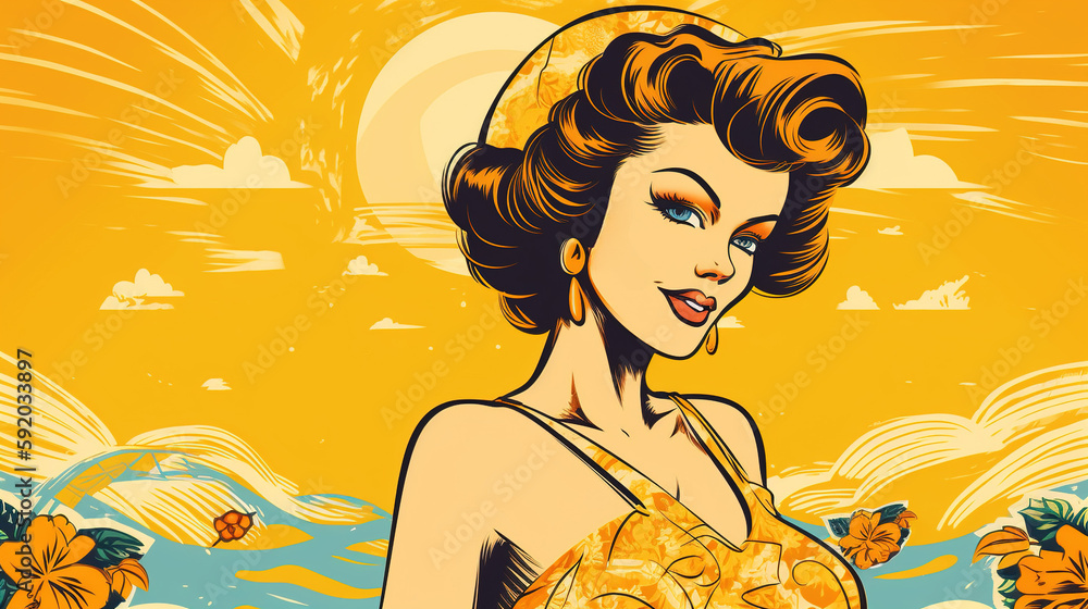 Beautiful beach banner 60s retro vintage pin up girl style. Generative ...