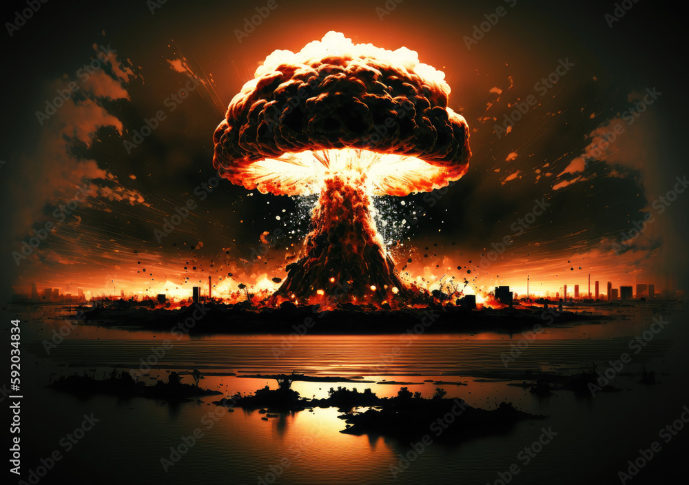 Nuclear explosion in an outdoor setting. Nuclear war threat concept ...