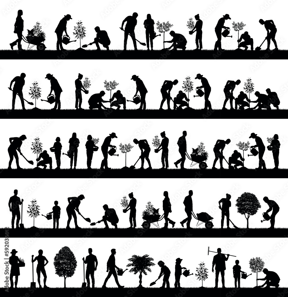 Group of people gardening various poses silhouette set collection ...