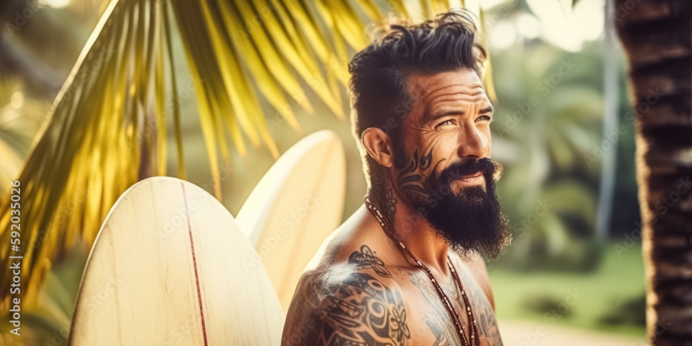Sexy bearded surfer man with surfboard on the beach. Handsome young ...