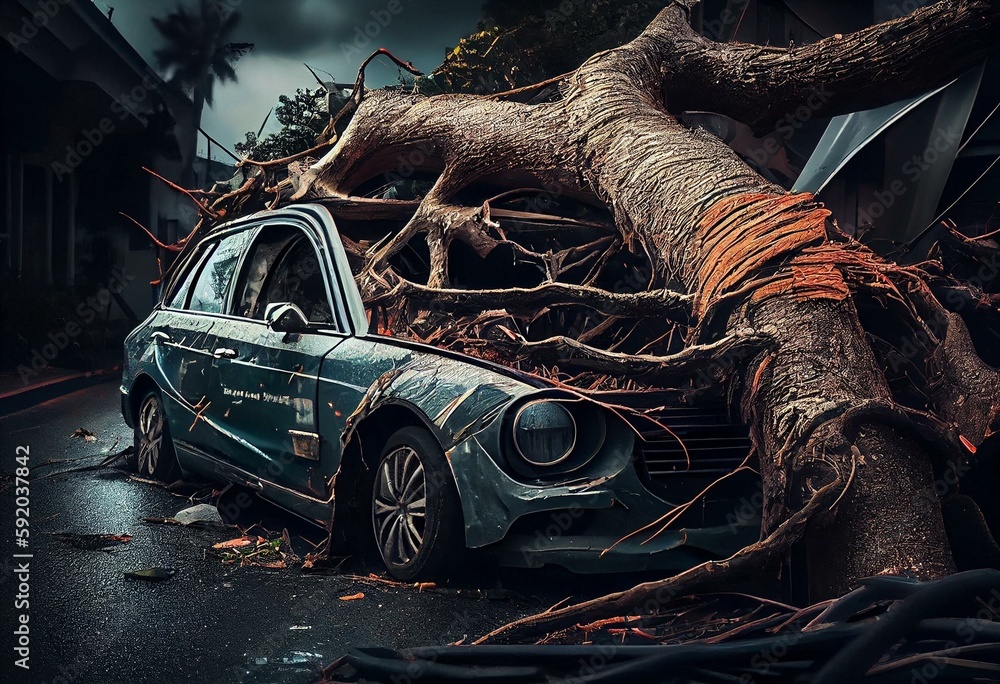 Branches of dry uprooted fallen tree destructed parked car surface ...