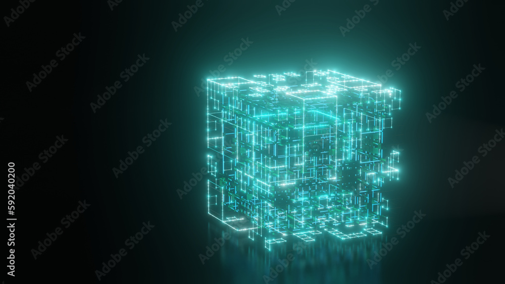 3d rendering of an abstract neon cube over a black reflective surface ...
