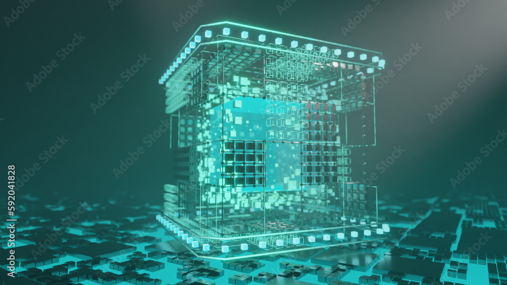 3d rendering of the Tesseract. Quantum computing installation. The ...