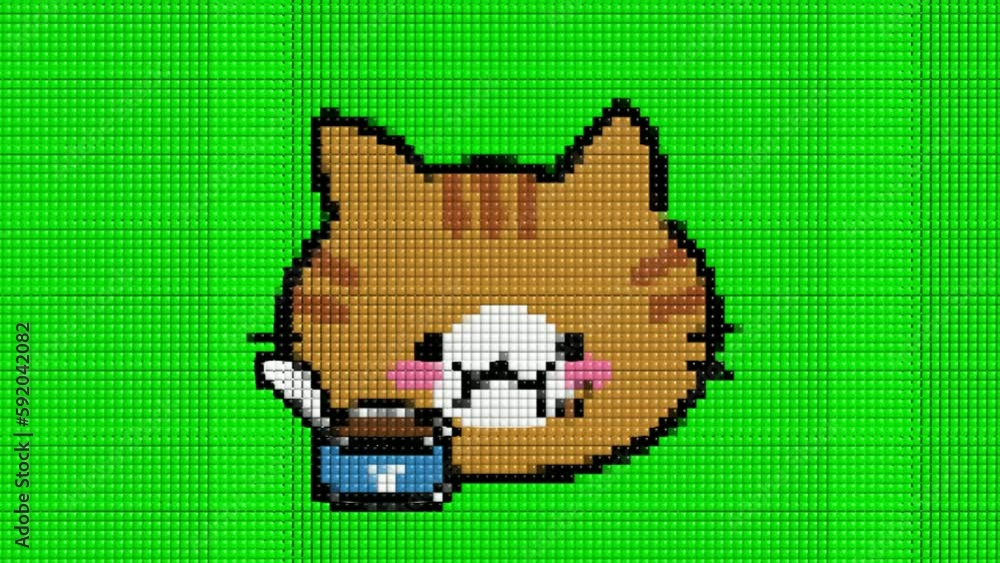 cute cat activity animation, pixel art, on green screen background ...