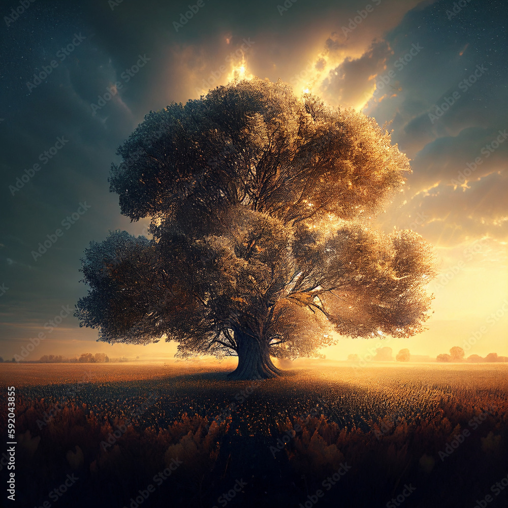 Golden Sky Glorified Open Field with Tree and Sunbeams - Generative AI ...