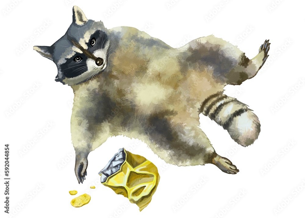 Color illustration of a fat lazy raccoon eating chips. Drawing from the ...