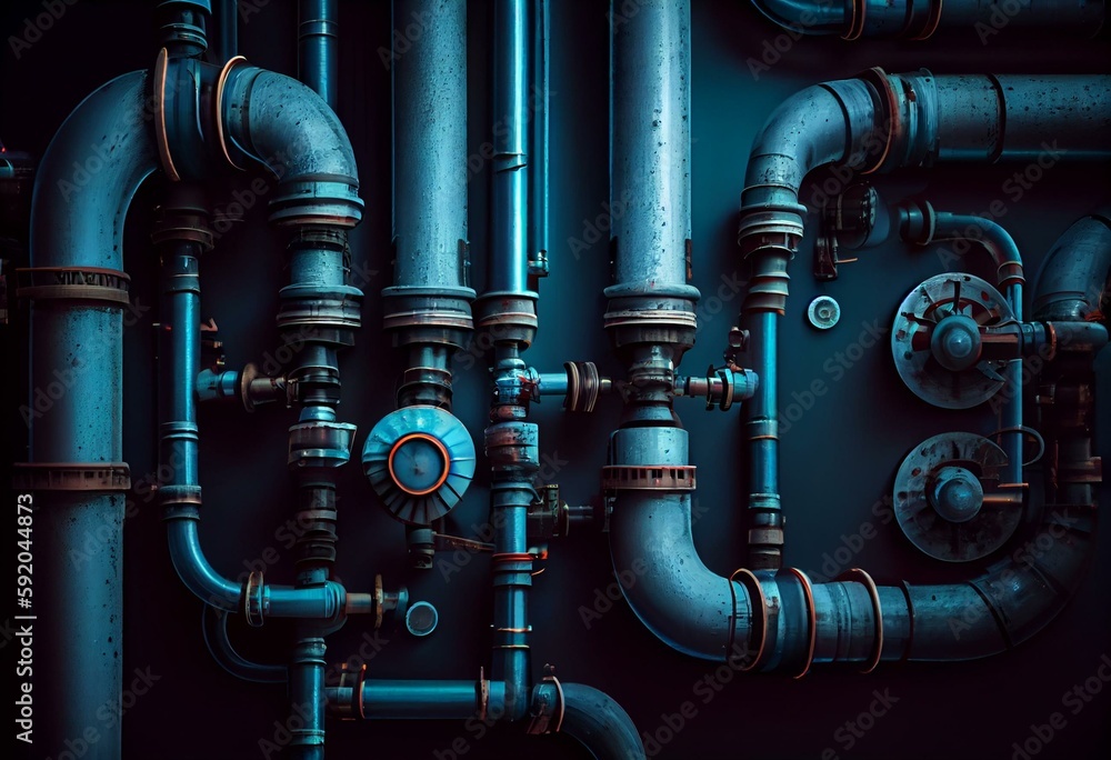Horizontal industrial background with pipeline. blue water pipes on ...