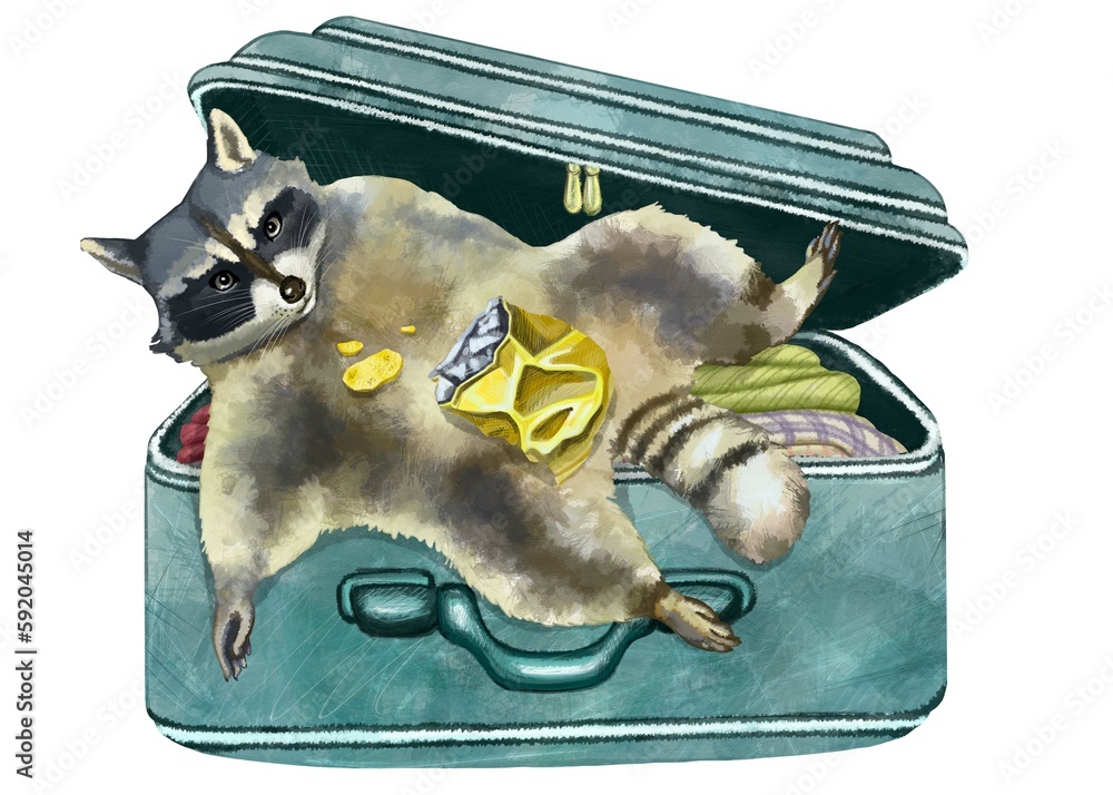 Color illustration of a fat raccoon lazily eating chips. Waiting for a ...