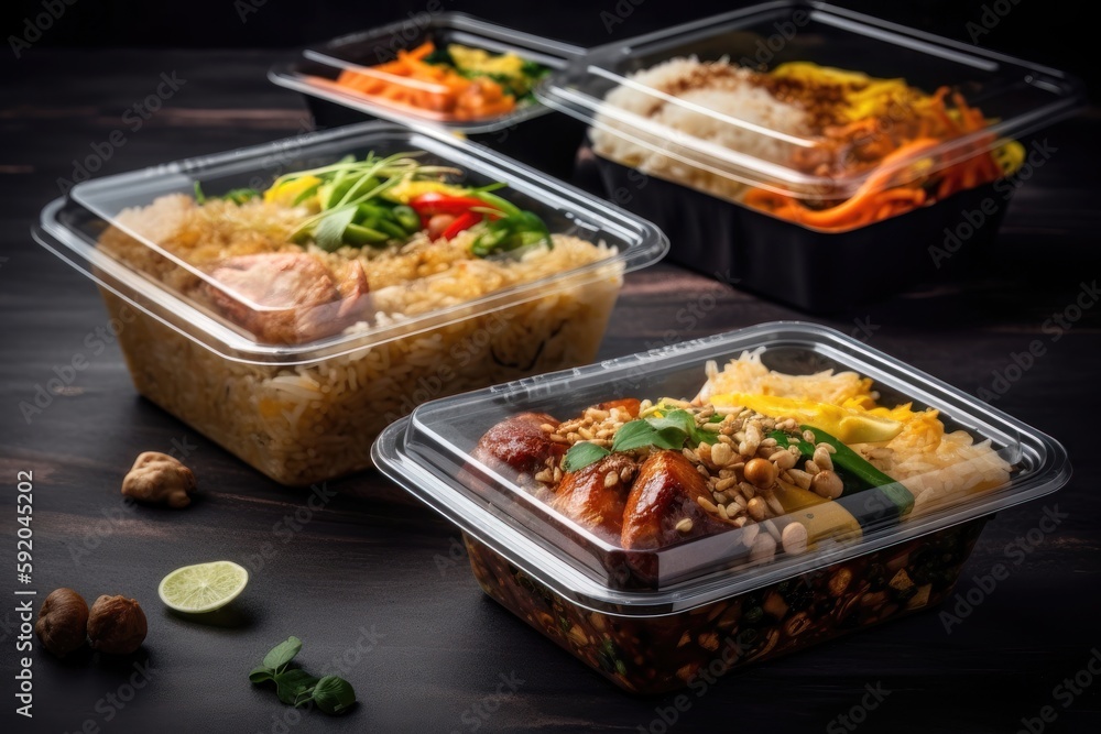 Modern Thai food lunch boxes in plastic packages. AI generated Stock ...