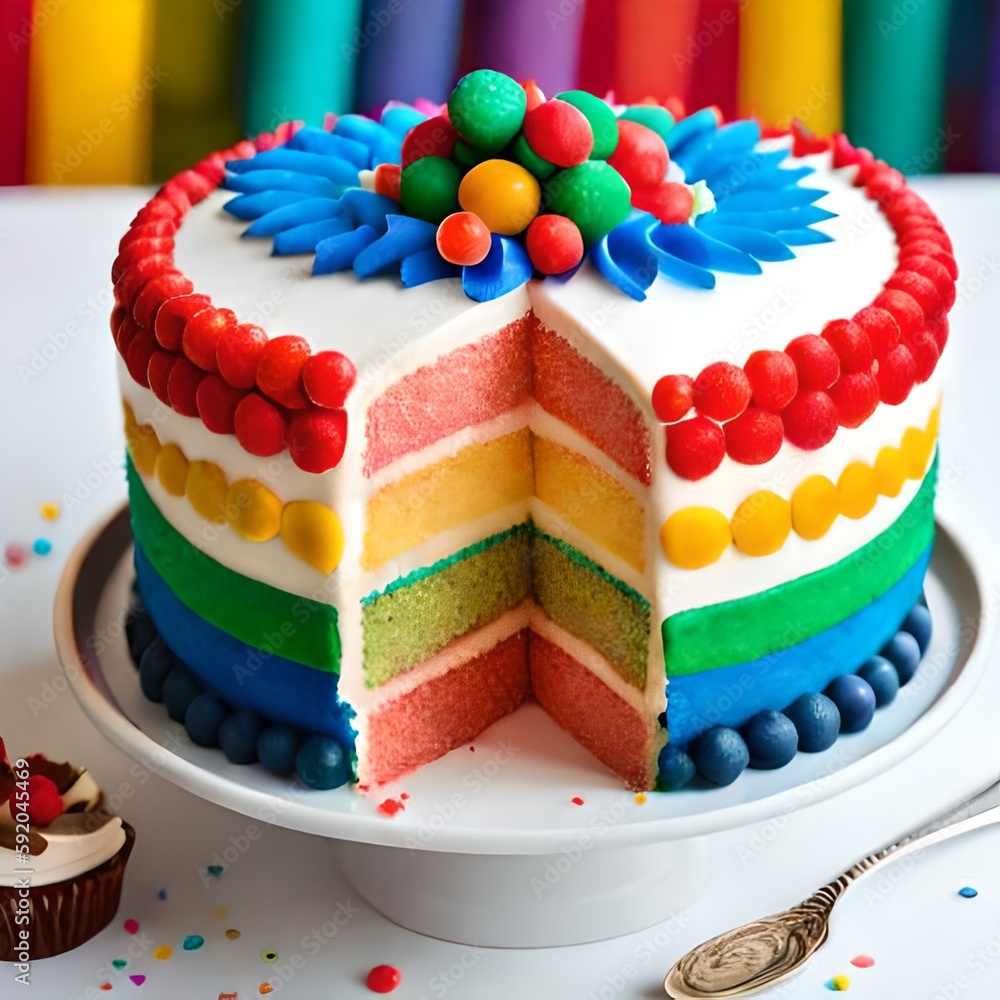 AI-generated illustration. a rainbow birthday cake, with colorful ...