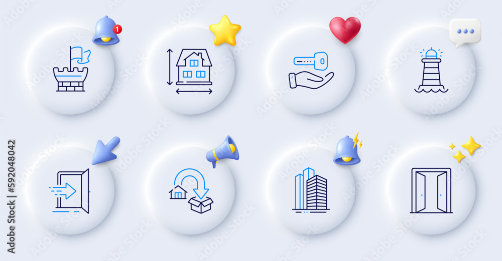 Moving service, Shield and Lighthouse line icons. Buttons with 3d bell ...