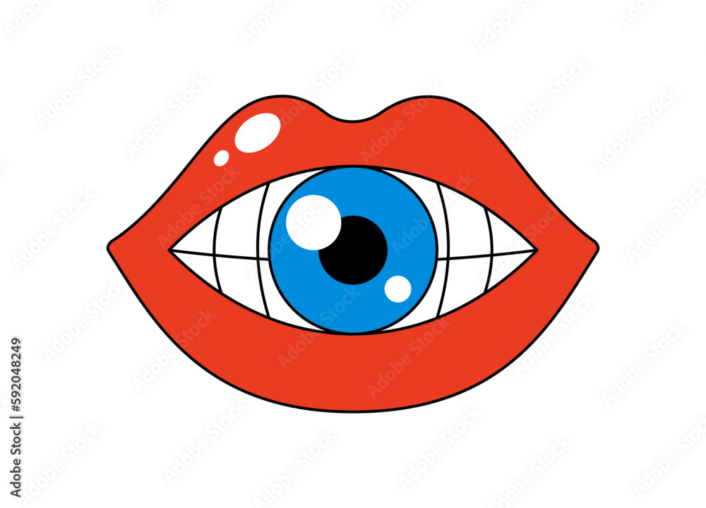 Retro groovy mouth with blue eye between teeth. Hippy glossy red open ...