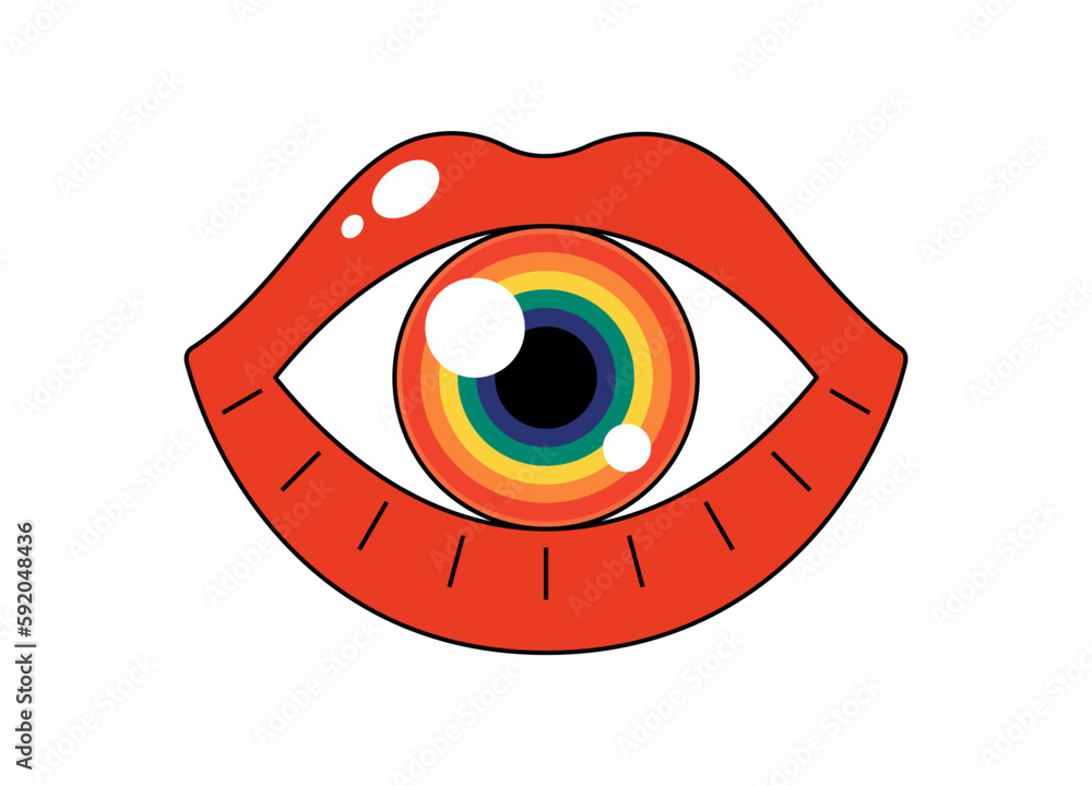 Retro groovy opened mouth with rainbow color eye. Hippy glossy red open lips and iridescent ...