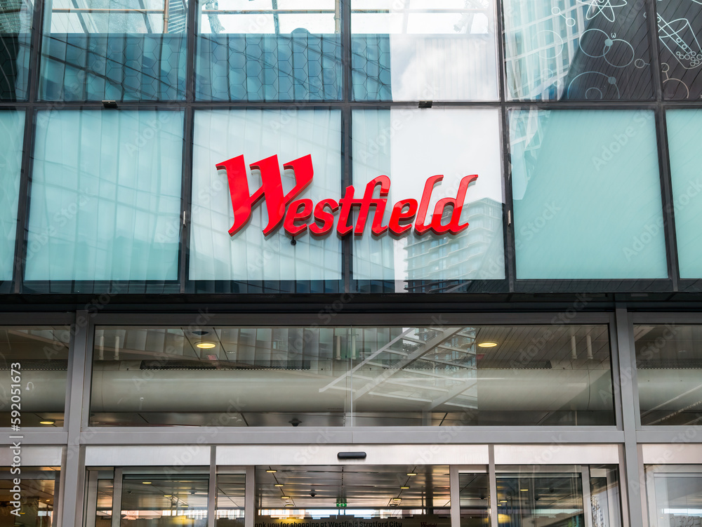 London, UK, April 8th 2023:Westfield Stratford City shopping centre red ...