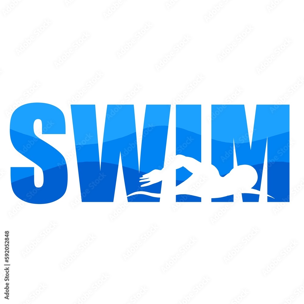 word swim with swimmer silhouette. blue letters with waves. design for ...